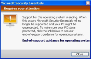 Microsoft Security Essentials too starts warning Windows XP users