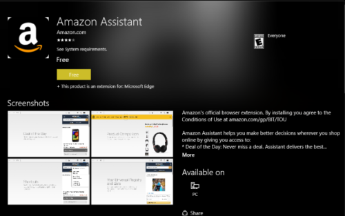 Microsoft Edge gets Amazon Assistant extension in Build 14390