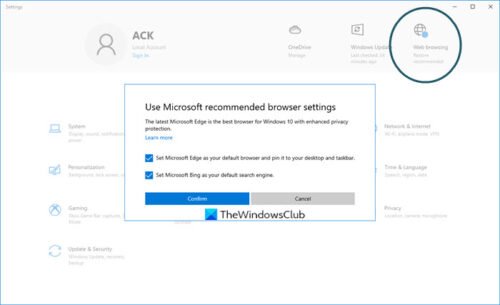 Microsoft now urging Windows 10 users to use Edge, Bing via Settings